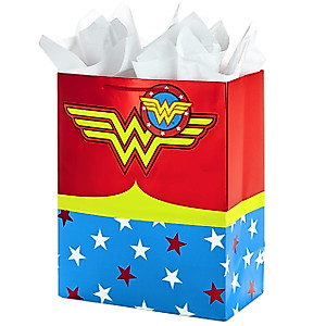 Hallmark 13" Large Wonder Woman Gift Bag with Tissue Paper for Birthdays, Mother's Day, Nurses Day, Graduations, Valentines Day, Teacher Appreciation or Any Occasion