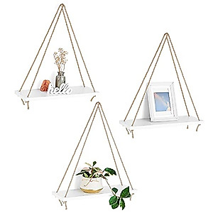 Mkono Wood Hanging Shelves for Wall Boho Decor Swing Rope Rustic Floating Shelf, Set of 3 Wall Display Shelving Home Organizer Rack for Living Room Bedroom Bathroom Kitchen,White