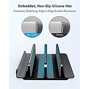 AboveTEK Vertical Laptop Stand 3 Slots for Computer, Tablet, Phone - Fits All Laptop Models (up to 17.3") - Heavy Duty Polished Aluminum Desktop Holder - Anti Slide Silicone Grips - Black