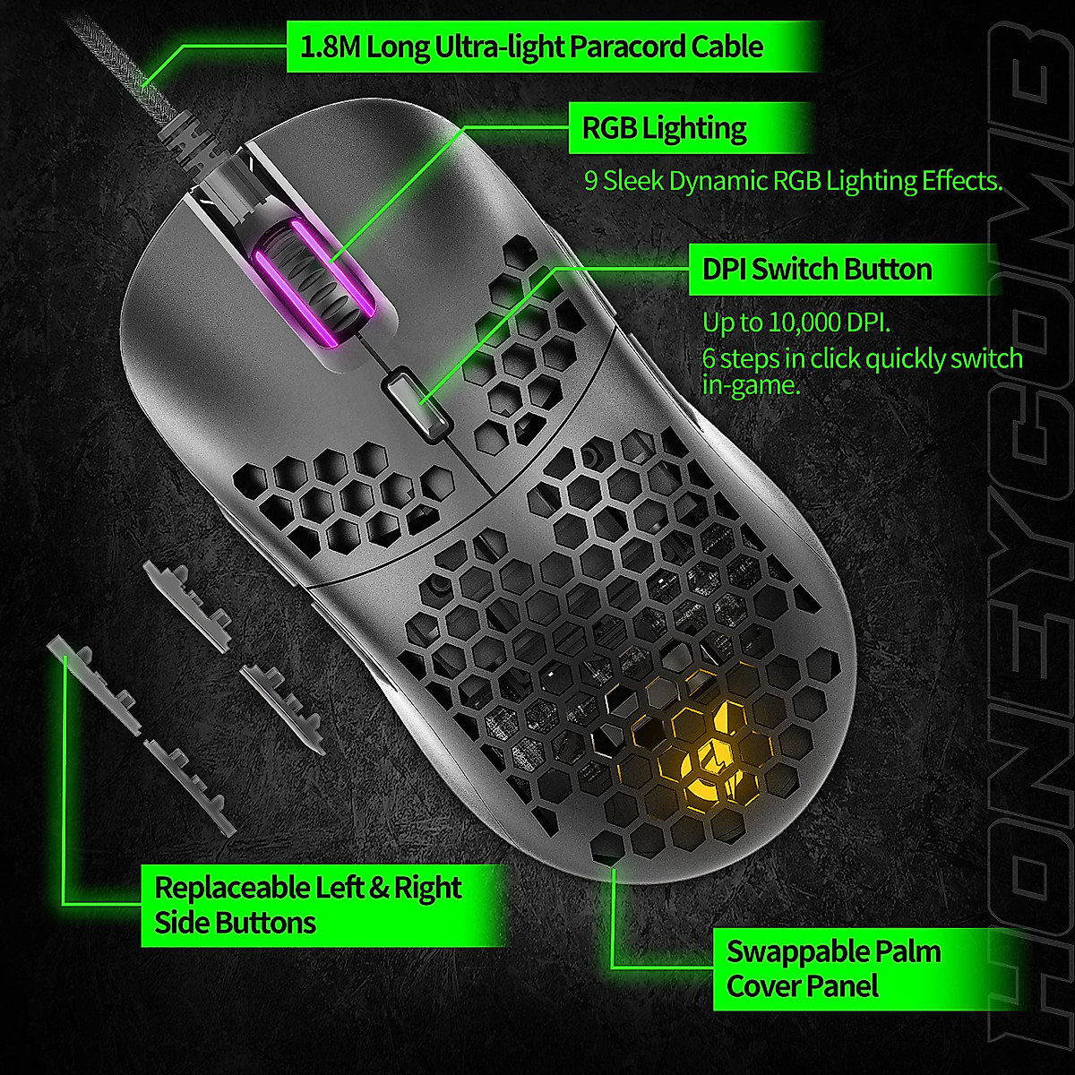 GUNMJO Gram DIY Honeycomb Shell 2.4G Wireless RGB Gaming Mouse, Gaming Wireless Mouse with 9 Buttons and Up to 10,000 DPI, Computer Mice for PC Gaming, Black Color