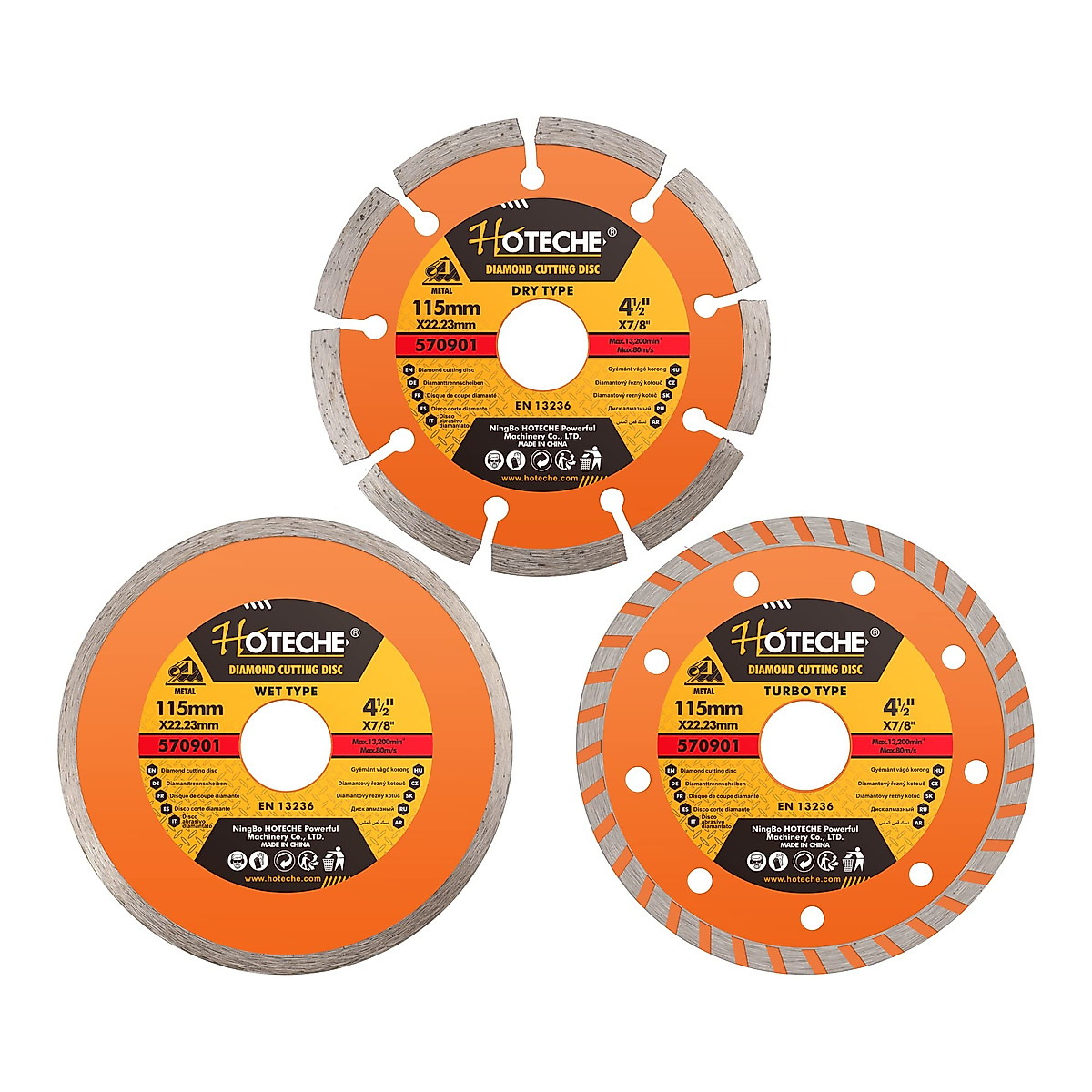 Hoteche 3Pcs Diamond Cutting Blades 4-1/2" Diamond Cutting Wheel for Angle Grinder Dry/Wet Cutting Blade for Brick, Masonry, Concrete, Tile and Ceramic