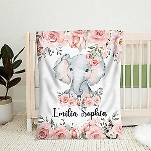NAZENTI Personalized Baby Girl Blanket - Safari Elephant Baby Blanket, Custom Baby Blanket with Name, Purple Floral Baby Blanket, Swaddle Blanket (30x40, 40x50, 50x60 Inch)