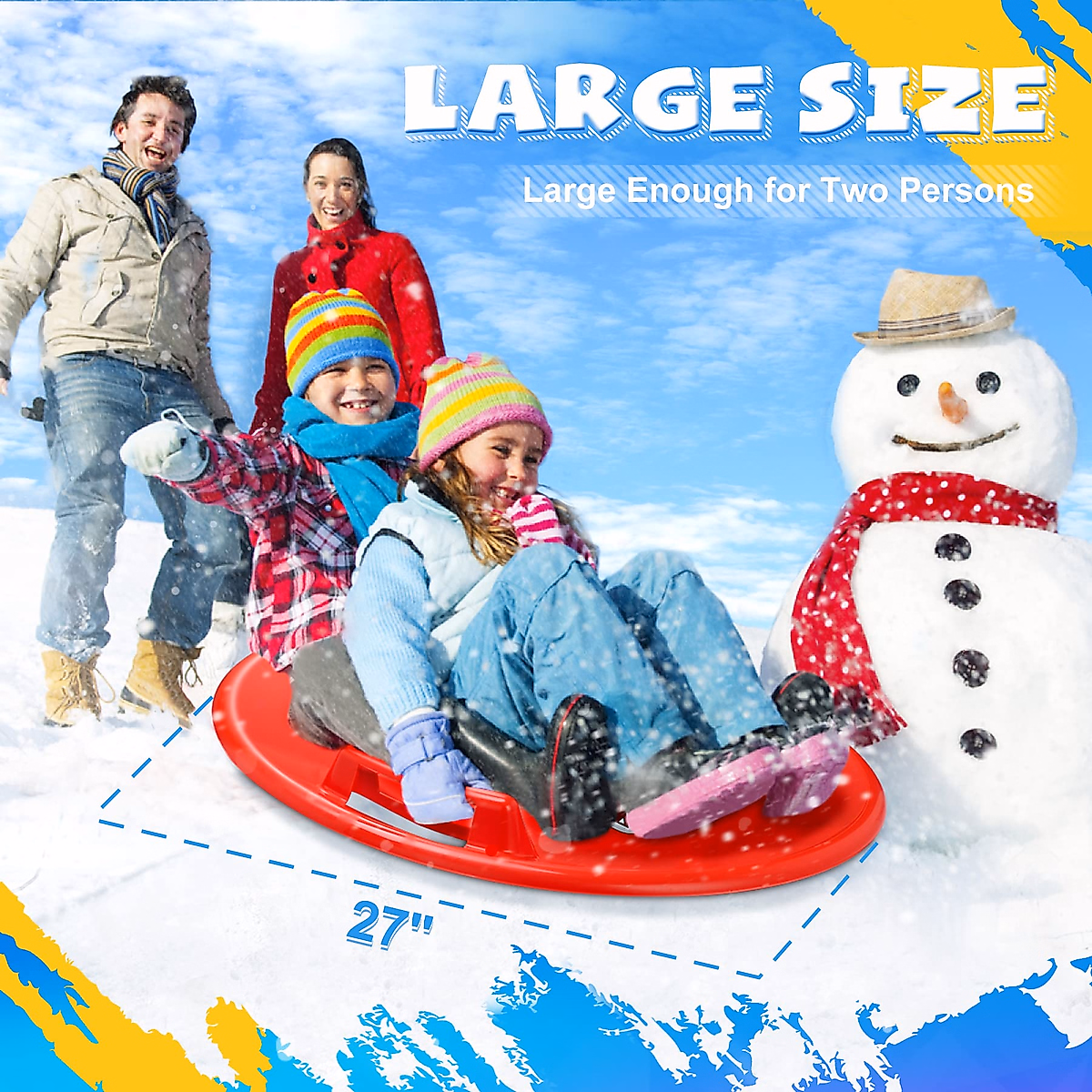 27” 2 Pack Snow Sled for Kids Heavy-Duty Downhill Plastic Sled Cold Resistant Toboggan Sled Outdoor 1-2 Rider Snow Sleds for Adults Durable Saucer Sleds with 2 Handles Round Sled Discs for Winter
