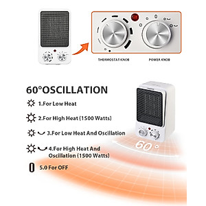 Small Space Heater White Electric Ceramic Heater 1500W, Mini Indoor Portable Heater with Tip-Over and Overheat Protection for Bedroom, Office and Desk