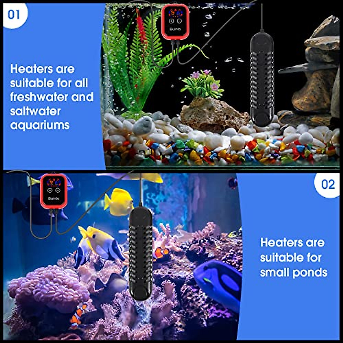 Buinto Fish Tank Heater. Aquarium Heater. Small Pond Heater. 800W. 1200W Double-Tube Heating, Energy Saving and Power Saving. Suitable for Freshwater and Saltwater Aquariums (1200W)