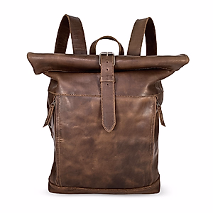 Hide & Drink, Roll Top Backpack Handmade From Full Grain Leather and Plaid Cotton - Vintage Style Rucksack - With Adjustable Shoulder Straps - Bourbon Brown