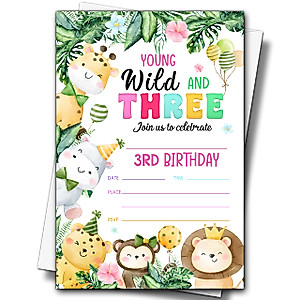 Buildinest Young Wild And Three Birthday Party Invitations with Envelopes (20-Pack), 4"x6" Safari Animals 3rd Birthday Invitation Cards, Jungle Wild Animals Party Invites-B39
