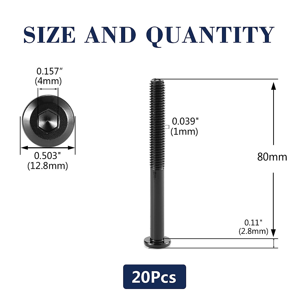 M6 x 80mm 20Pcs Flat Head Hex Socket Cap Screws Bolts, 304 Stainless Steel 18-8, Partially Threaded, Black Oxide by SG TZH (with Hex Spanner)