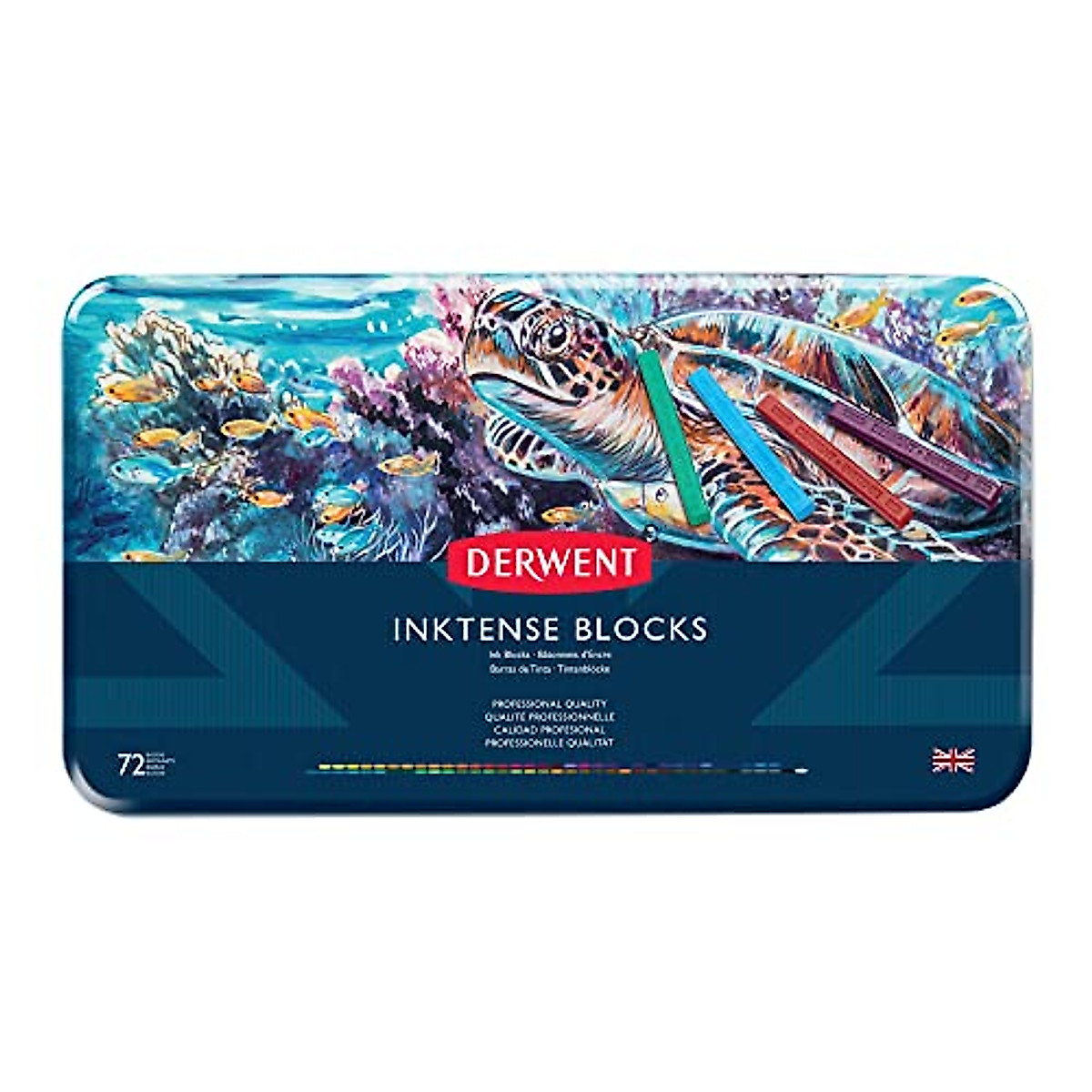 Derwent Inktense Blocks 72 Tin, Set of 72, 8mm Block, Soft Texture, Watersoluble, Ideal for Watercolor, Drawing, Coloring, Crafts and Painting on Paper and Fabric, Professional Quality (2301980)