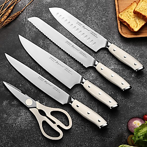 ROMANTICIST 16-Piece German Stainless Steel Sturdy Durable Kitchen Knives, Razor Sharp,Knife Set with Block,Cutting Board and Knife Sharpner, White