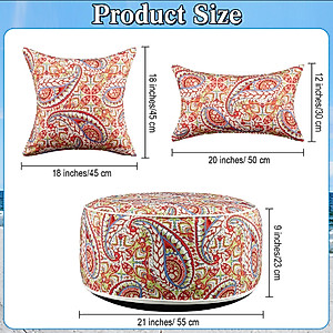 Anglechic 3 Pcs Indoor Outdoor Inflatable Ottoman Inflatable Lumbar Pillow and Toss Pillows, Fade Resistant Round Footrest Stool D21''x H9'', Portable for Patio Garden Camping or Home (Paisley)