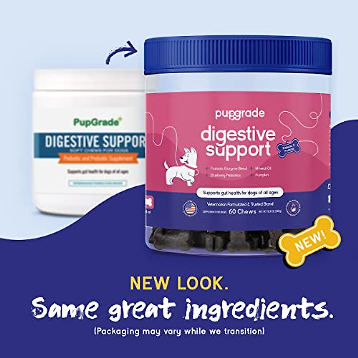 PupGrade Digestive Support Chews for Dogs - Upset Stomach, Diarrhea, Bowel, & Immune Support - Supplement with Probiotics, Prebiotics, Enzymes - Pumpkin, Blueberry, Mineral Oil - 60 Soft Chews
