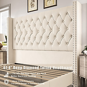 PaPaJet Queen Bed Frame 61.4" Tall Headboard Upholstered Velvet Platform Bed with Handmade Deep Button Tufted/No Box Spring Required/Cream