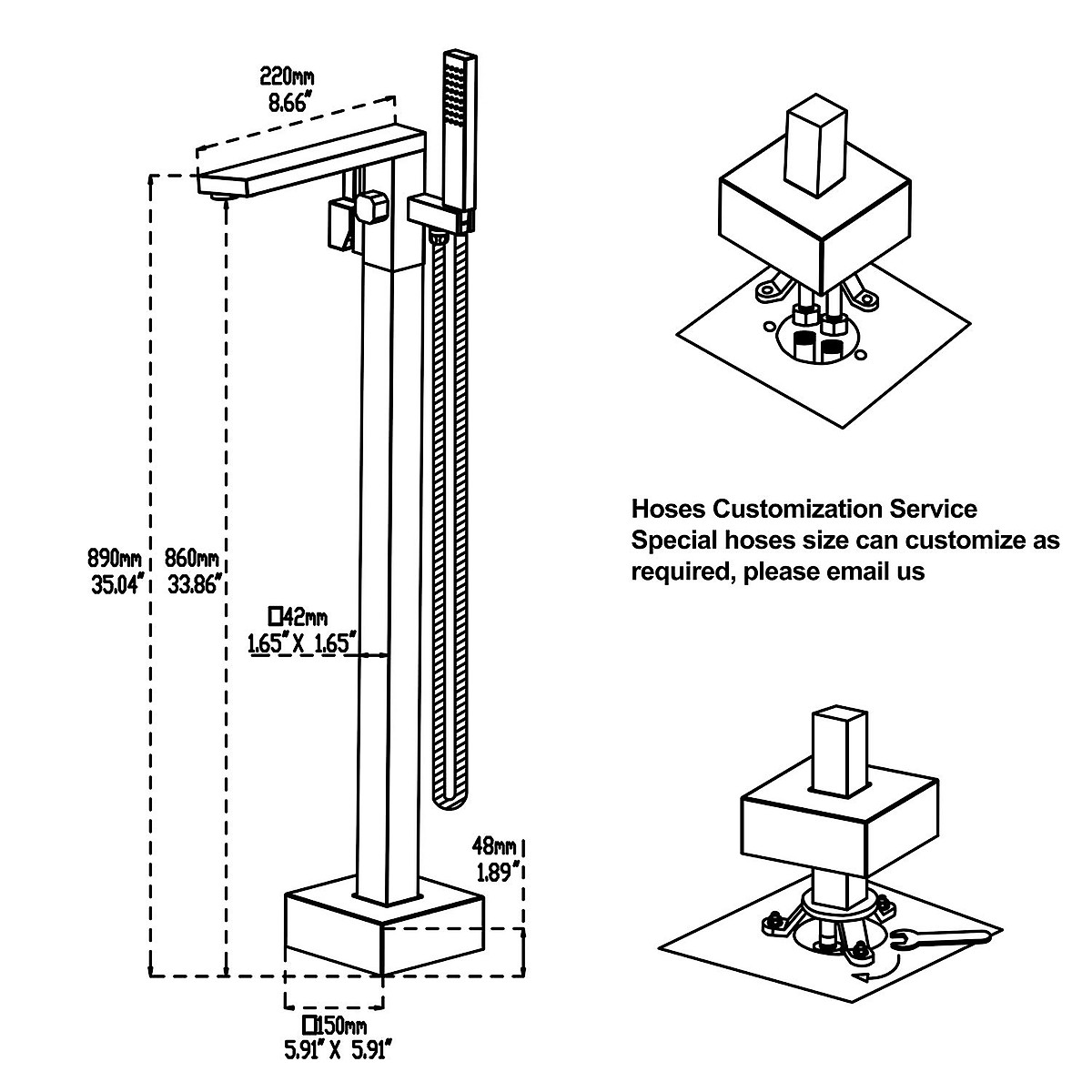 Wowkk Freestanding Bathtub Faucet Tub Filler Brushed Gold Floor Mount Bathroom Faucets Brass Single Handle with Hand Shower