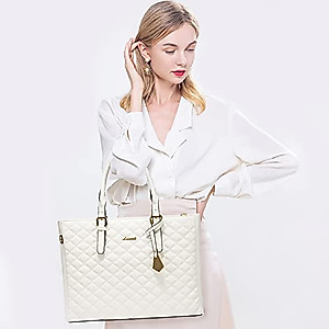 LOVEVOOK Laptop Bag for Women, Work Tote Bag Quilted Leather Computer Shoulder Bag, 15.6 inch Laptop Tote Purse Set, Waterproof Business Briefcase Handbag 2 PCS for Office,Teacher Beige