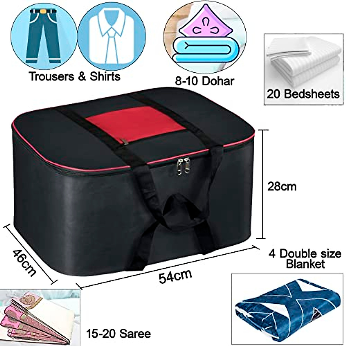 Storite Nylon Big Underbed Storage Bag Moisture Proof Cloth Organiser with Zippered Closure and Handle(BlackRed, 54x46x28cm) Rectangular (1 Pack)