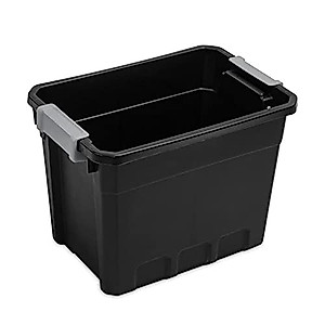 Sterilite 7.5 Gallon Stackable Rugged Industrial Storage Tote Containers with Gray Latching Clip Lids for Garage, Attic, or Worksite, Black (6 Pack)