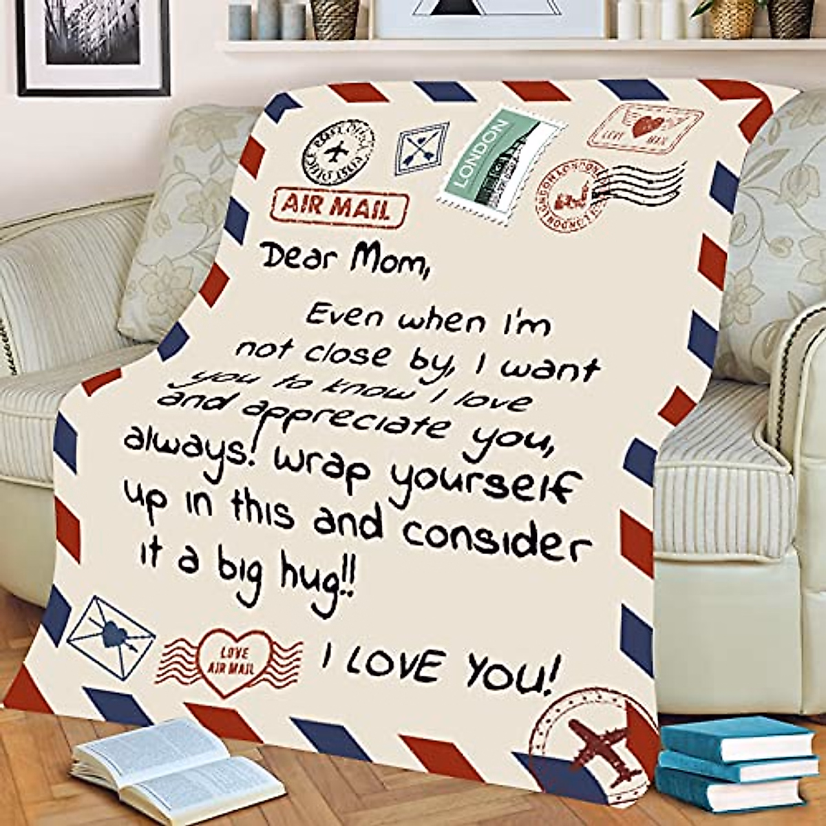 to My Mom Gift Blanket from Daughter Son I Love You Dear Mom Air Mail Letter Printed Blanket Throw for Christmas Birthday Mother Day's Soft Bed Flannel Blanket (Dear Mom-50x60in)