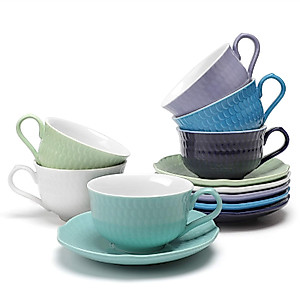 amhomel Tea Cups and Saucers Set of 6, Porcelain Espresso Cups, 4 Oz Cappuccino Cups for Specialty Coffee Drinks, Cappuccino, Cafe Mocha, Espresso and Tea-Pumpkin Design, White