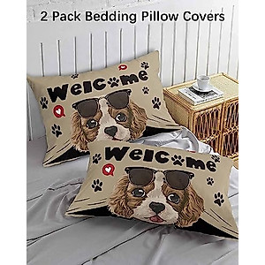 Edwiinsa Cute Love Heart Dog Pillow Covers Standard Size Set of 2 20x26 Bed Pillow, Black Paws Rustic Beige Welcome Plush Soft Comfort for Hair/Skin Cooling Pillowcases with Envelop Closure