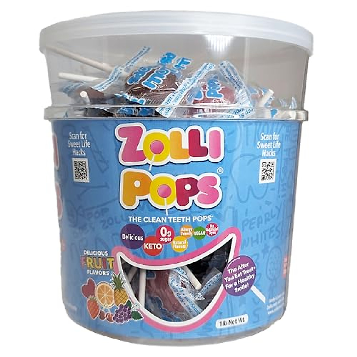 Zollipops Clean Teeth Pops, Anti Cavity Lollipops, Delicious Assorted Flavors, 1 LB Tub