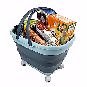 SAMMART 17L(4.5 Gallon) Collapsible Basket with Handle-Portable Outdoor Picnic Basket/Crater with 360˚ Rotating Wheels-Foldable Shopping Bag-Space Saving (Lake Blue/Leaf Blue)
