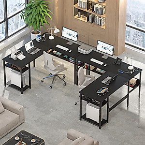 Hyomdeck Reversible L Shaped Computer Desk with Power Outlets and USB Charging Ports, Sturdy Corner Desk with Storage Shelf, Modern Work Gaming Table for Home Office, Easy to Assemble, Black