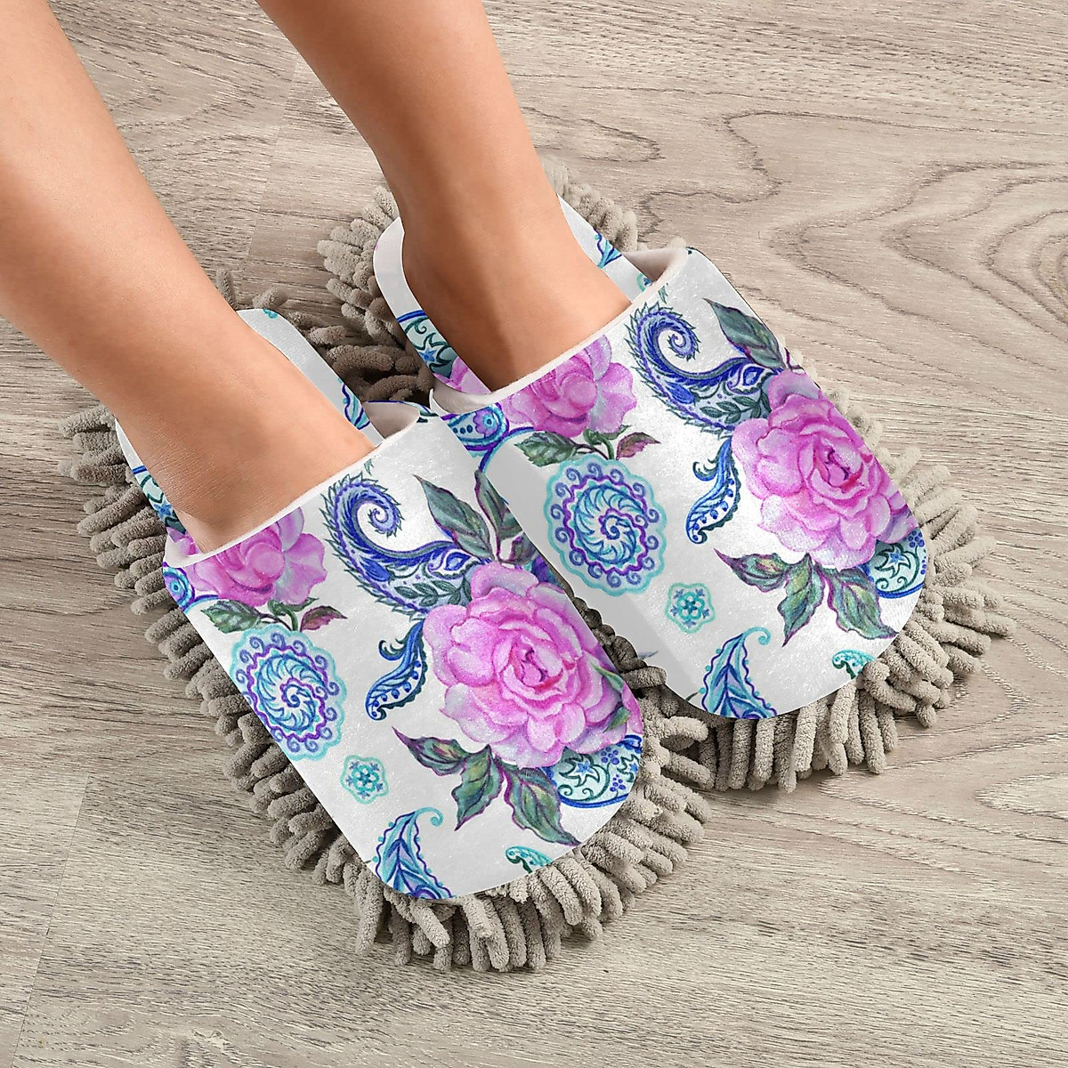 Roses Paisley Mop Slippers Shoes Cover for Floor Cleaning Washable Dirty Dust Hair Cleaners Microfiber Mop Socks for Kitchen House Office