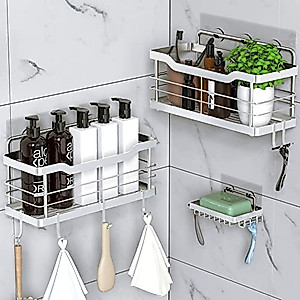 Carwiner Shower Shelf Deep Caddy 3-Pack basket with 10 Hooks & Soap Dish Holder, SUS304 Stainless Steel Bathroom Caddy Organizer Rack Adhesive Shampoo Holder Wall Mounted No Drilling (Silver)