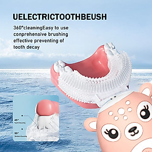 Kids Electric Toothbrushs U Shaped sonic Automatic Toothbrush with 4 Brush Heads, Six Cleaning Modes,Cartoon deer Modeling , full mouth toothbrush for baby