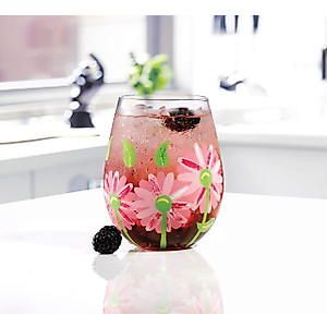 Designs by Lolita “Oops a Daisy” Hand-painted Artisan Stemless Wine Glass, 20 oz.