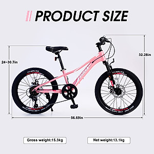 WEEROCK 20 Inch Kid's Mountain Bike MTB Shimano 7 Speeds Aluminium Alloy Frame Bicycle for Boys Girls,Youth,Pink