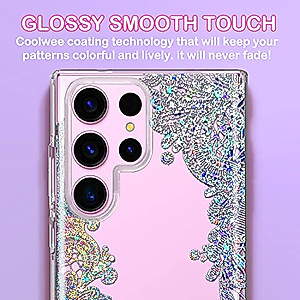 Coolwee Clear Glitter for Galaxy S23 Ultra - 6.8 inch, Thin Flower Slim Cute Crystal Lace Bling Women Girl Floral Hard Back Soft TPU Bumper Protective Cover for Samsung S23 Ultra Mandala Henna