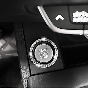 6 Pcs Bling Car Decor Crystal Rhinestone Ring Emblem Sticker, Engine Start Stop Decoration Ring Car Interior Accessories for Women, Push to Start Button Cover, Key Ignition & Knob Bling Ring, Silver