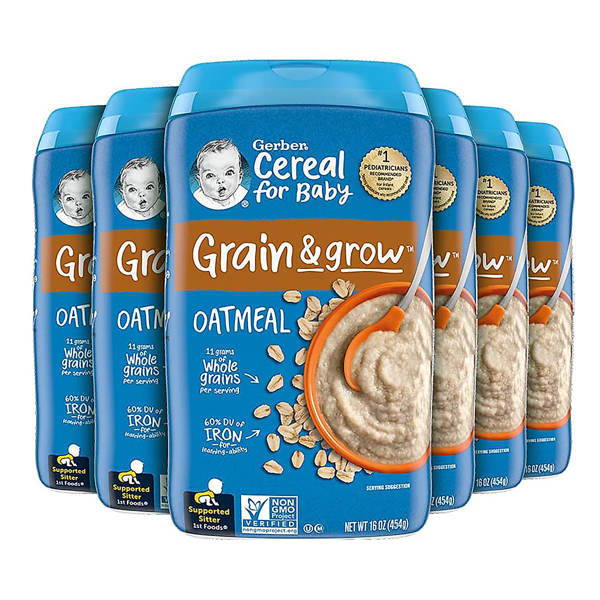 Gerber Cereal for Baby 1st Foods Grain & Grow Oatmeal Cereal, Made with Whole Grains & Essential Nutrients, Non-GMO, For Supported Sitters 8 Ounce (Pack of 6)