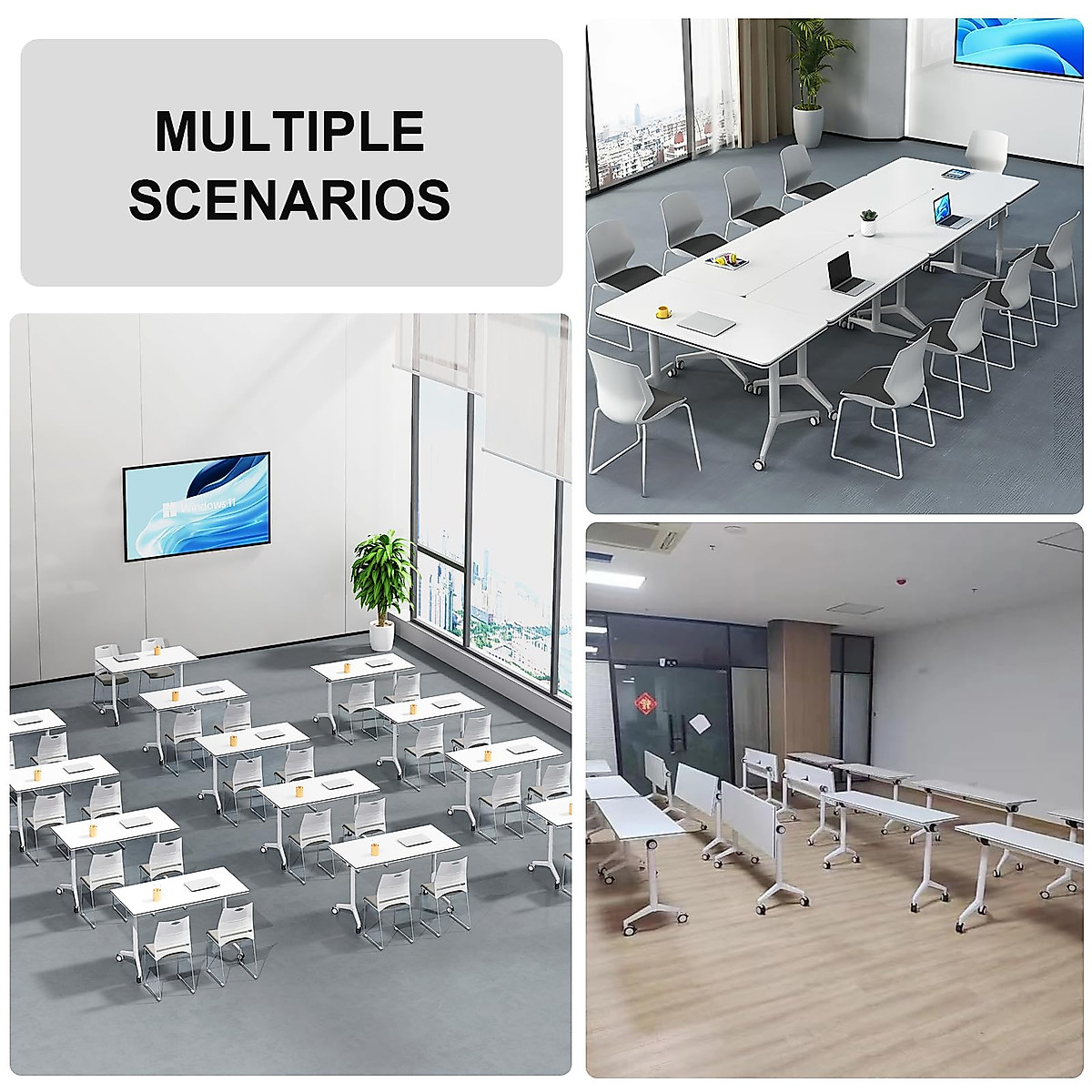 conference table,modern white office folding Flip Top Mobile Training Table 55"D x 21.6"W x 29.5"H The rounded table with wheels is convenient and fast,suitable for office,meeting room,classr ( 4Pcs)