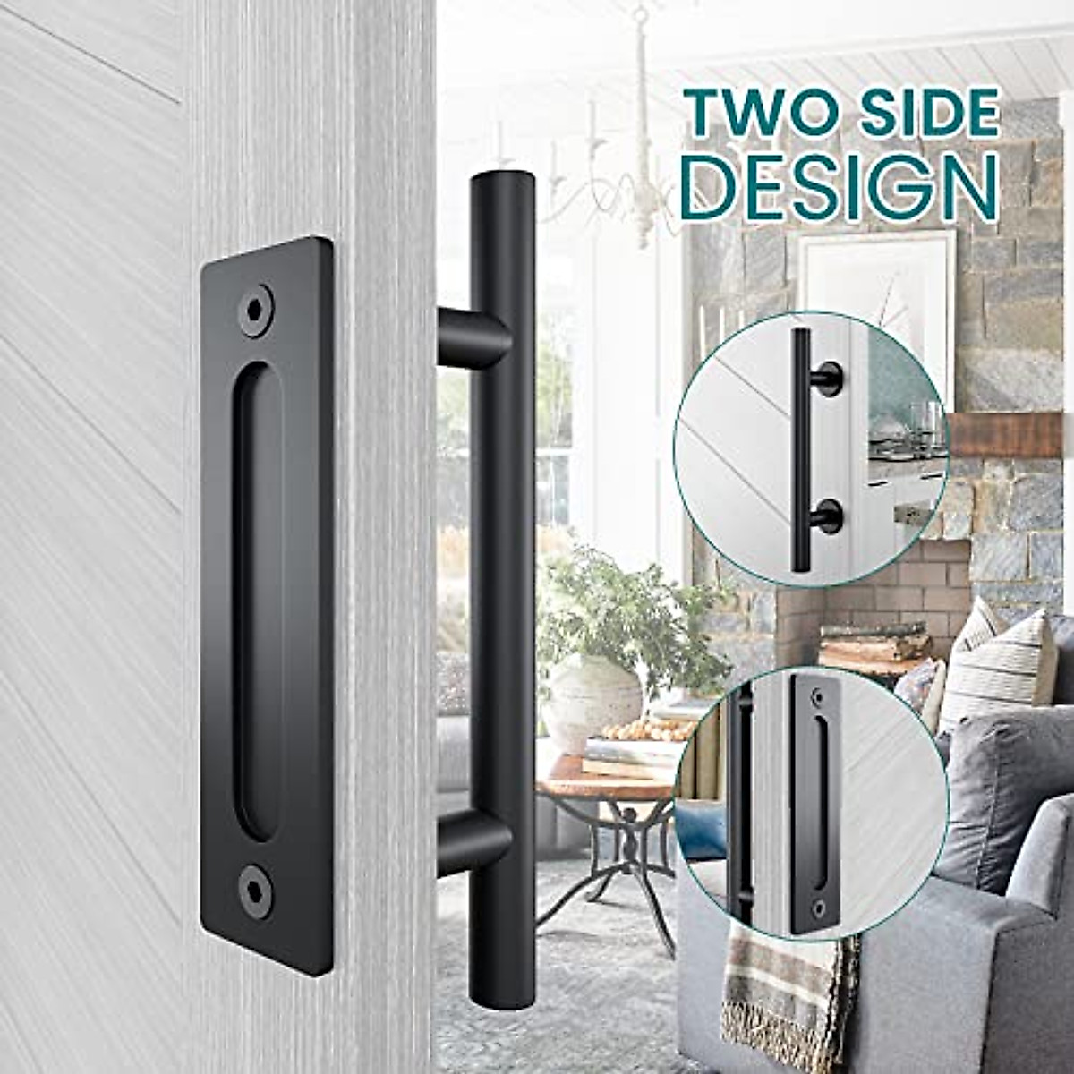 Genius Iron 12 Inch Sliding Barn Door Handle, Pull and Flush Hardware Set, Solid Cast Iron Rustic Style, Black