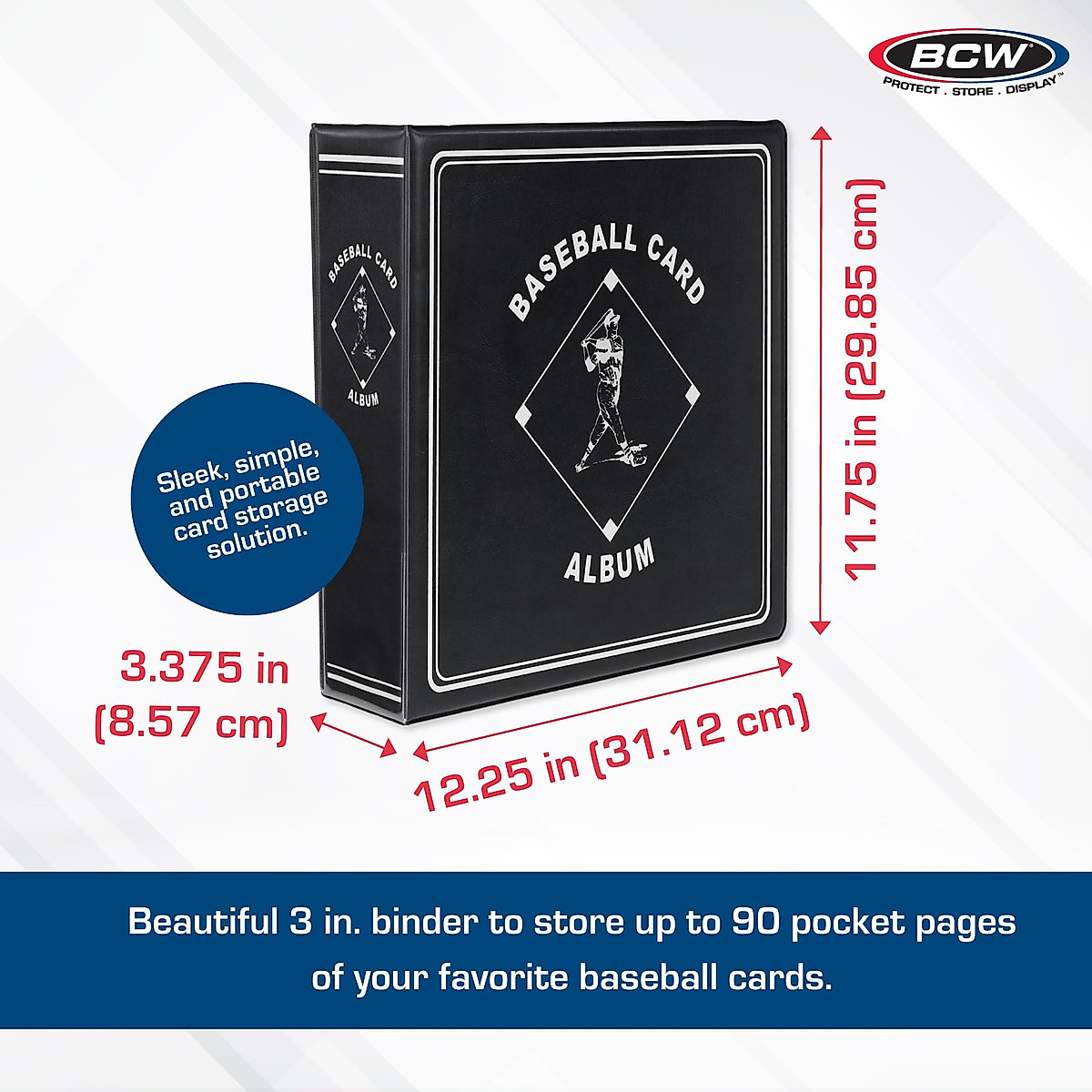 BCW Supplies 3" Baseball Album - Black | Premium Durable Binder for 90 Baseball Cards Heavy-Duty D-Ring, Lasting Durability, and Classic Display | Ideal for Collectors, Storage, and Card Protection