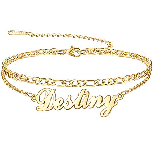 Jewenova Personalized Name Anklet Bracelet for Women, 18K Gold Plated Custom Name Ankle Bracelet