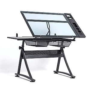 EESHHA Drawing Table Adjustable Glass Drafting Table,Versatile Art Study Table,with Storage Drawers,Art Studio Design Sketching Painting Work Station (Color : Glass) (Glass) (Glass)