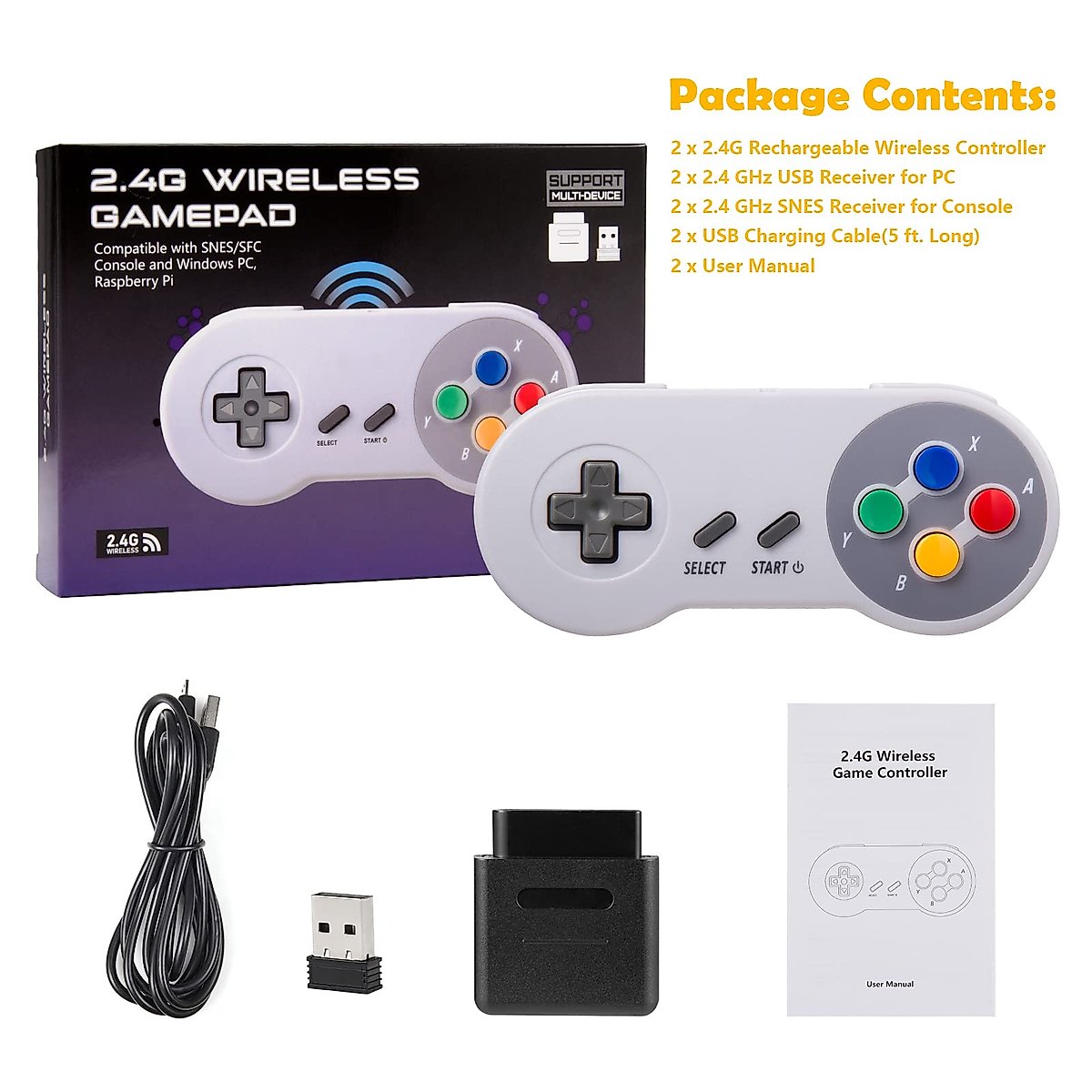 [New Version] 2 Pack 2.4 GHz Wireless Controller Game pad Compatible with SNES & PC, with SNES & USB Receivers, Support Windows PC, IOS MAC, Linux Raspberry Pi and SNES [Plug & Play] [Rechargeable]