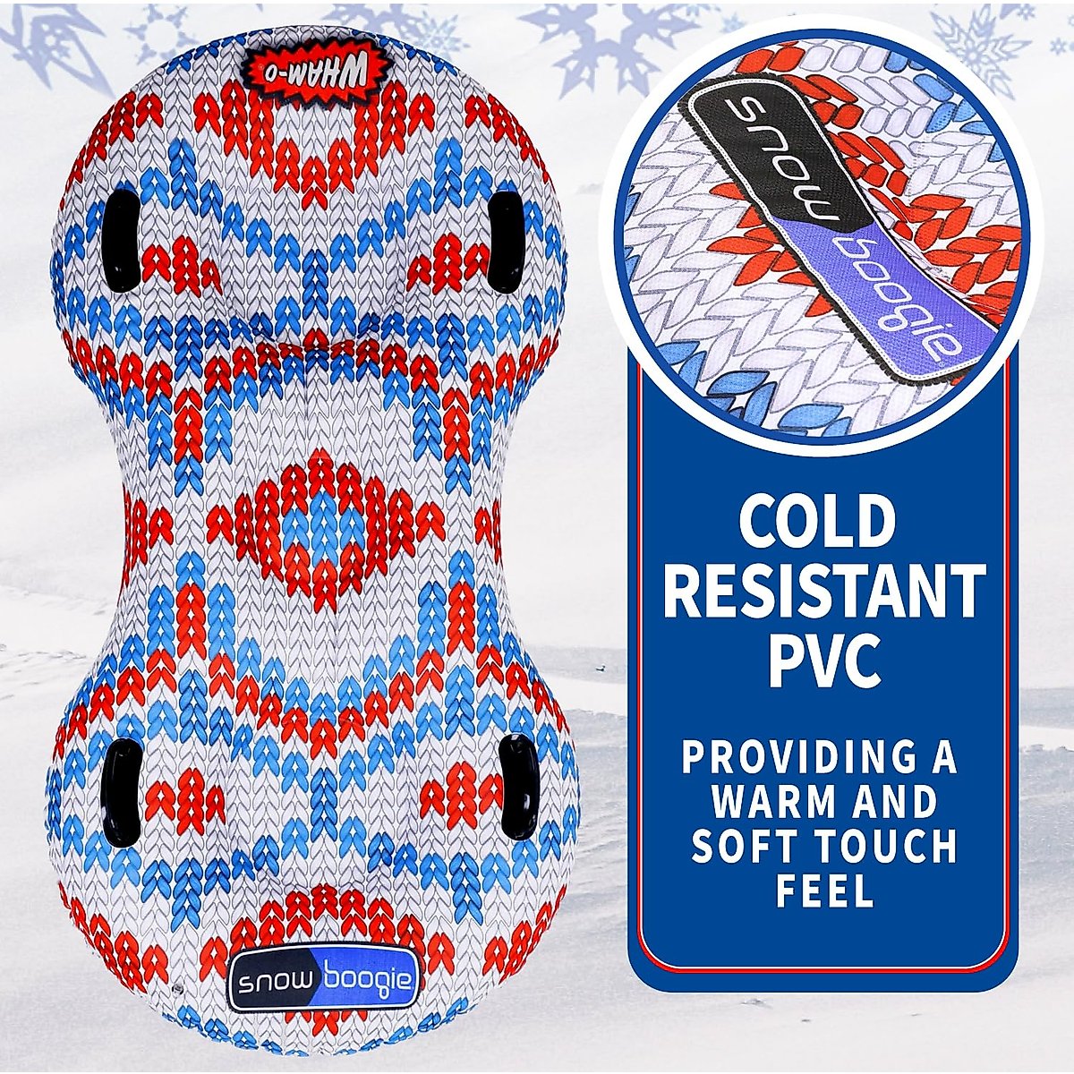 Snowboogie Super Double SnowTube 64" | Double Rider Snow Sleds | Inflatable Sled with Soft Handles | Slick Bottom for Speed & Control | Snow Sledding for Adults & Children | Nordic knit pattern design