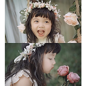 Floral Fall Camellia Flower Crown Rose Headpiece Wedding Bridal Flower Girl Halo Maternity Photo Props FL-03 (Pink Flower with Babysbreath)