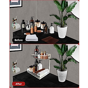 FEROZA Under Sink Organizers and Storage Carbon Steel 2-Tier Slide Out Sliding Shelf, L-Shape Under Cabinet Storage Multi-Functional Under The Sink Organizer Kitchen and Bathroom (1, White)