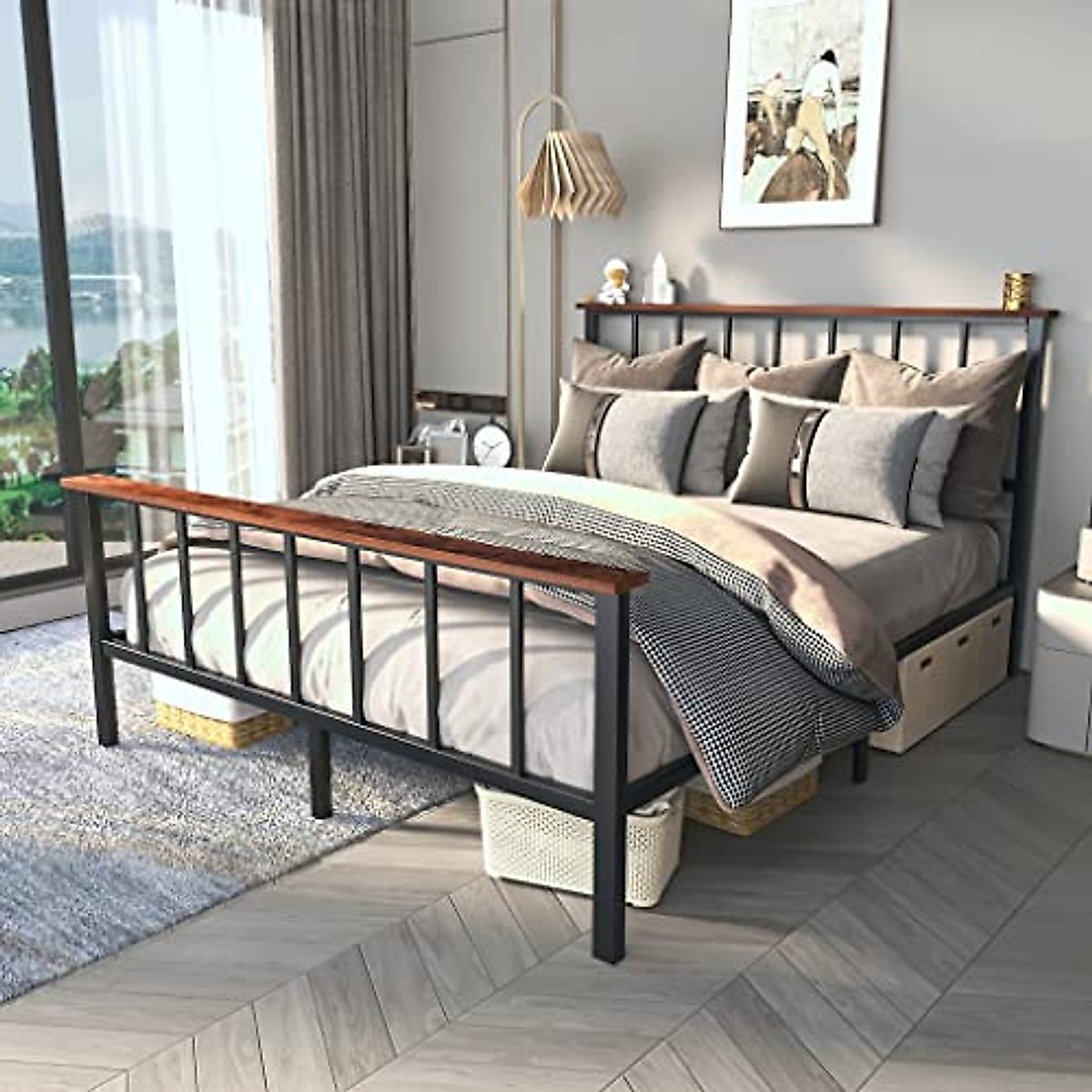 IMUsee Queen Size Metal Platform Bed Frame with Headboard, Heavy Duty, Mattress Foundation, Multi-Directional Support, No Box Spring Needed, Easy Assembly, Noise Free, Black