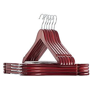 Solid Natural Wooden Coat Hangers, 10 Pack Heavy Duty Smooth Finish Suit Hangers with Non-Slip Pant Bar, Precisely Cut Notches & Chrome Swivel Hook for Closet, Wardrobe