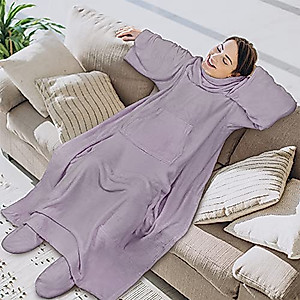 PAVILIA Fleece Blanket with Sleeves and Foot Pockets for Women Men Adult, Wearable Blanket Throw Wrap, Warm Cozy Extra Soft Sleep Hug Blanket with Feet, Gift for Women Mom (Light Purple)