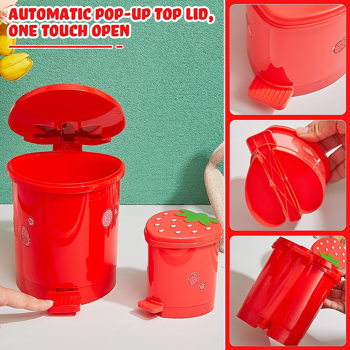 Tessco 2 Pieces Strawberry Desk Trash Can Cute Mini Countertop Trash Can with Lid Kawaii Small Garbage Can Plastic Waste Bin with Sticker for Car Office Home Bedroom Bathroom Kitchen Decor(Red)