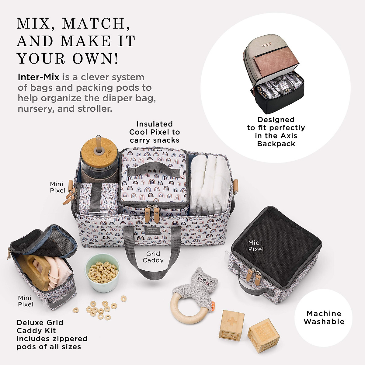 Petunia Pickle Bottom Deluxe Kit, 3-in-1 Grid Caddy Organizer, Lightweight Packing Cubes, Organize Diaper Bag, Stroller, Nursery, Unity