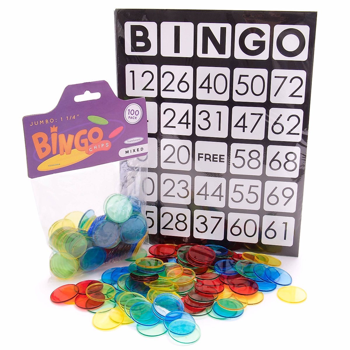 Jumbo Bingo Bundle - 25 Large Print Game Cards & 100 Clear 1.25" Multicolored Plastic Chips - Bulk Card Boards & Translucent Counting Markers - Colorful Tokens - Gaming Supplies & Accessories